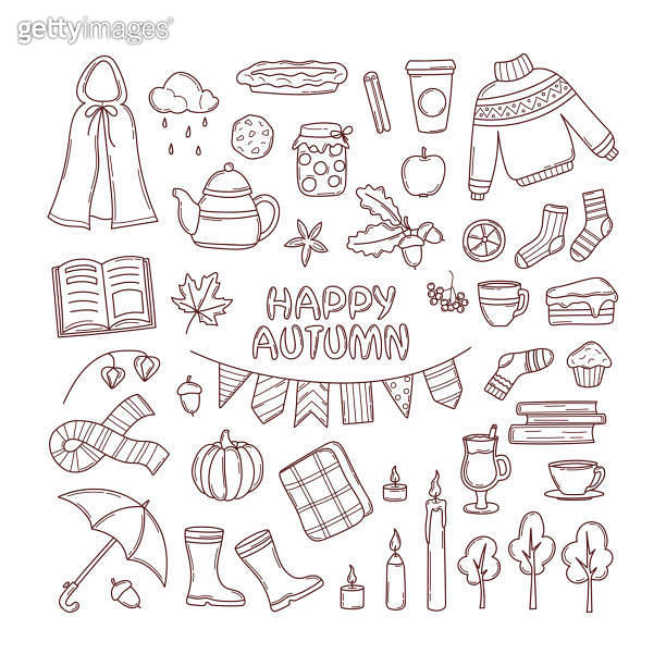 Autumn cozy icons set in outline. Fall season elements collection in ...