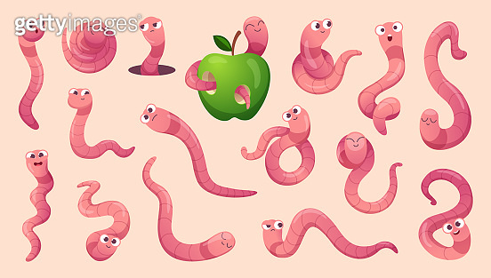 Cartoon worms. Creeping crawlers and bugs with smiling faces exact ...