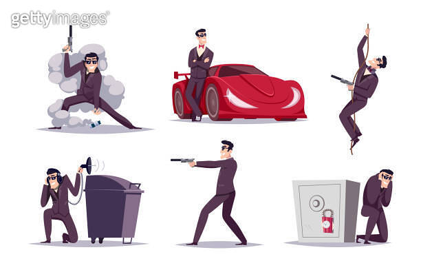 Secret agent. Spy characters in action poses policeman or detective ...