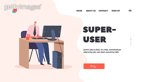 Super User Landing Page Template Man Sysadmin Or Coder At Work On Computer In Office Male