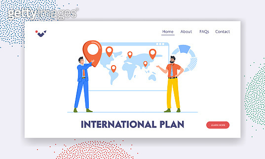 International Plan Landing Page Template. Office Employees Stand at Map ...