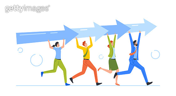 Business Men and Women Teamwork. People Carry Huge Arrow. Team Moves to ...