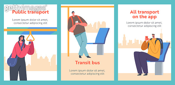 Passengers Travel on Bus Cartoon Banners. People in Urban Public ...