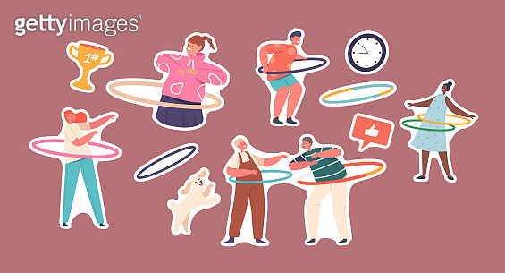 Set of Stickers Children Fun with Hula Hoop, Boys and Girls Characters ...