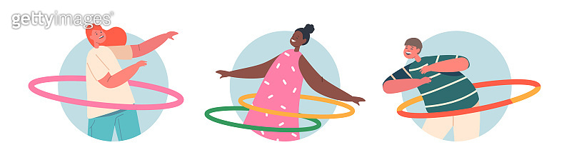 Set of Round Icons Children Characters Fun with Hula Hoop, Boys and ...