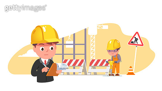 Builder man repairing road using jackhammer. Supervisor kid in helmet ...