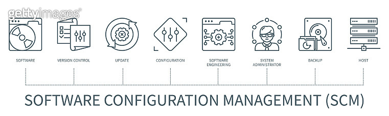 Software configuration management vector infographic in minimal outline ...