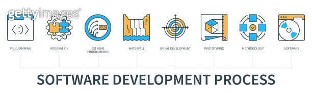 Software development process concept with icons in minimal flat line ...