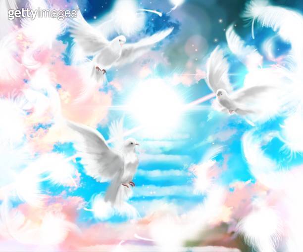 The flying three white doves around clouds stairs leading to shining heaven and the background ...