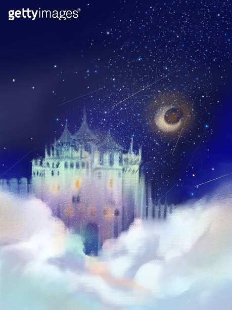 illustration of a medieval European castle in a sea of clouds with ...