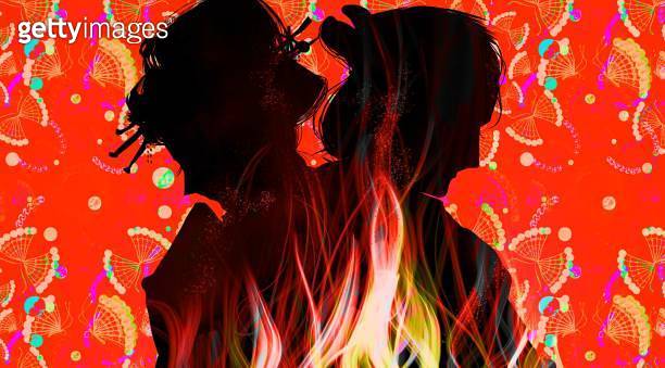 Kirie-style monochrome silhouette illustration of a town girl and her ...