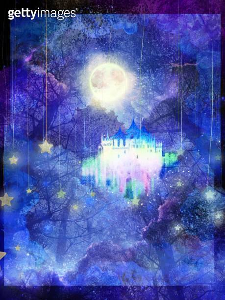 illustration of a medieval European castle in a sea of clouds with ...