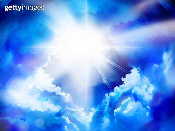 Illustration of divine light shining from the sky beyond the mysterious ...