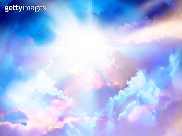 Illustration of divine light shining from the sky beyond the mysterious ...