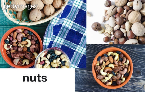 A collage of vivid images of various types of nuts and the word "nuts ...