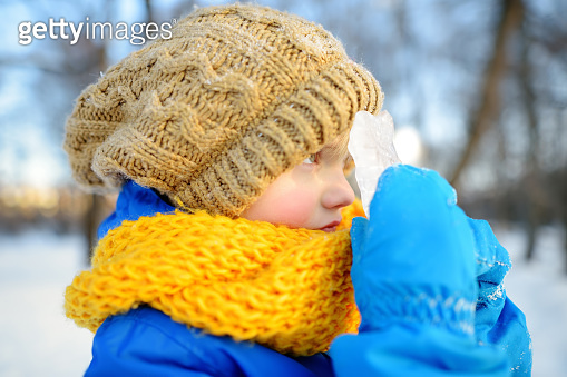 Little boy having fun playing with icicle in forest on sunny winter day ...