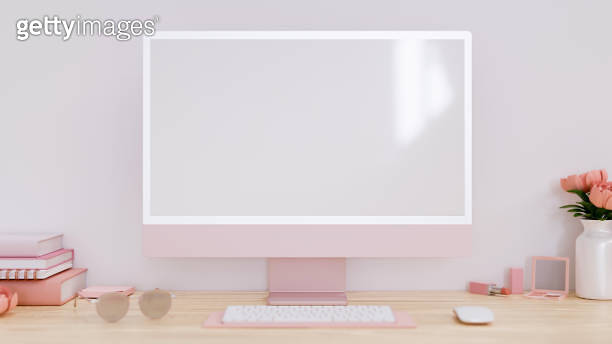 Stylish workspace with modern pink desktop computer mockup 이미지 ...