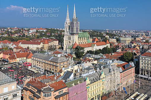 View on Zagreb Cathedral from the observation desk at Zagreb Neboder ...