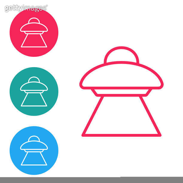 Red line UFO flying spaceship icon isolated on white background. Flying ...