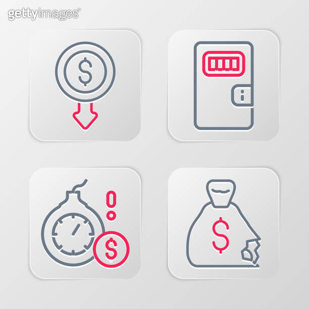 Set line Money bag, bomb dollar crisis, Prison cell door and Dollar rate decrease icon. Vector ...