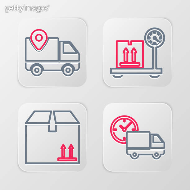Set line Delivery truck and clock, Cardboard box with traffic, Scale cardboard and tracking icon ...