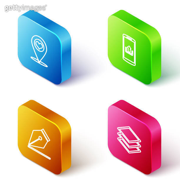 Set Isometric line Map pointer with heart, Smartphone upload, Fountain pen nib and Layers icon ...