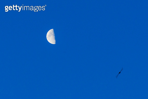 Small moon over blue glowing sky background.The Moon illuminated by the ...