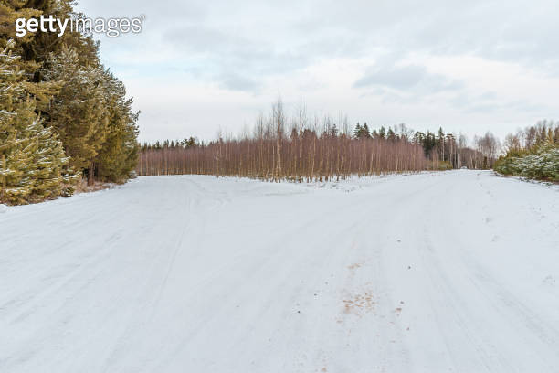 Empty snow covered two road in winter landscape.Snowy Road through a ...