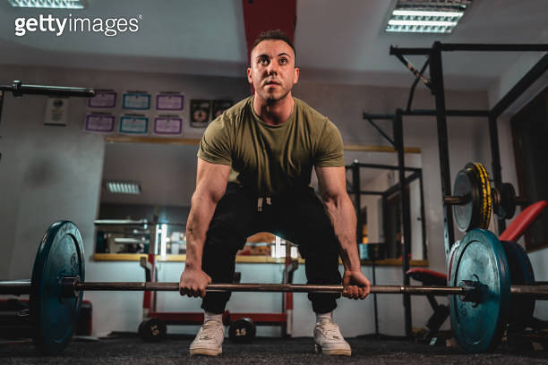 One man young adult caucasian male bodybuilder training back doing ...