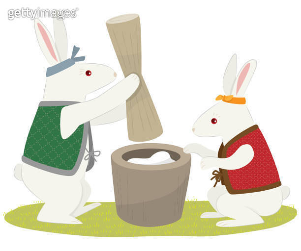 Vector illustration of two white rabbits making rice cakes (1395739553 ...
