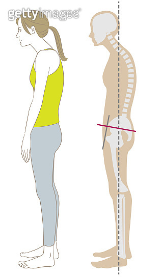 Sideways woman and skeleton standing in a stooped posture 이미지 ...