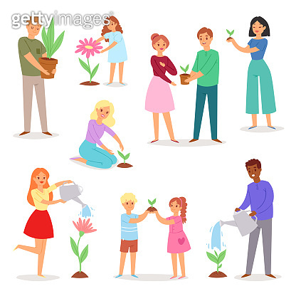 People planting vector man woman kids character gardening plant 이미지 ...