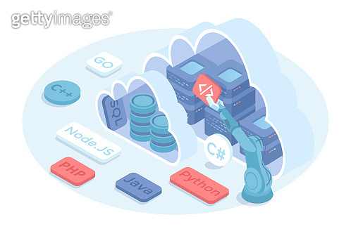 Back-end development, programming and coding. Software development process. Server racks and ...