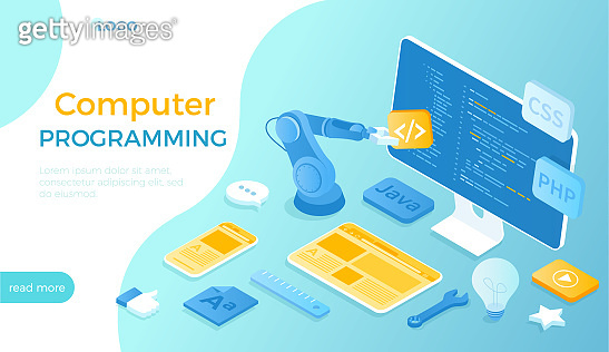 Computer programming. Software, web, app development. Program code on monitor screen, website ...