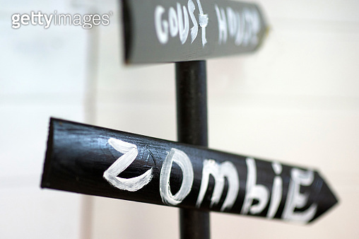 Sign happy halloween black lettering and different signposts giving ...