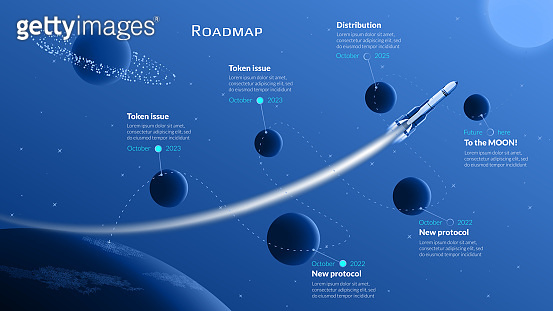 Roadmap with planet Earth and space rocket with long trail flying between planets to the Moon on ...