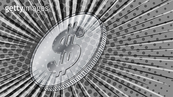 Coin with the sign of dollar USD styled for the 80s retro with rays in ...