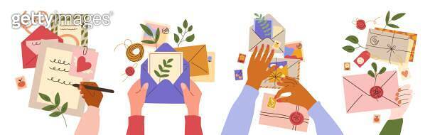 Postal envelopes with hands. Human arms write letters. Sign postcards ...