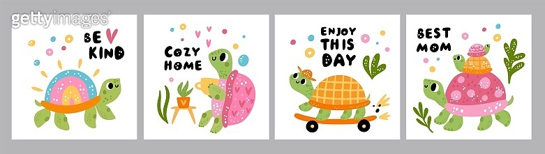 Cartoon turtle cards. Cute animals characters. Reptiles riding ...