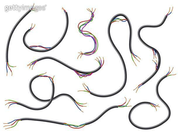 Broken wires. Realistic flexible torn cables with colored wiring ...