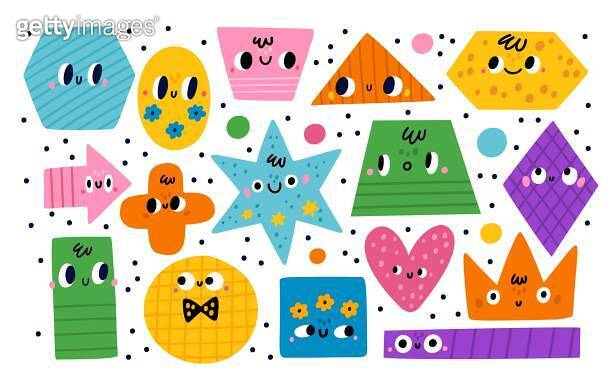 Geometric shapes characters. Basic abstract color figures with cute ...