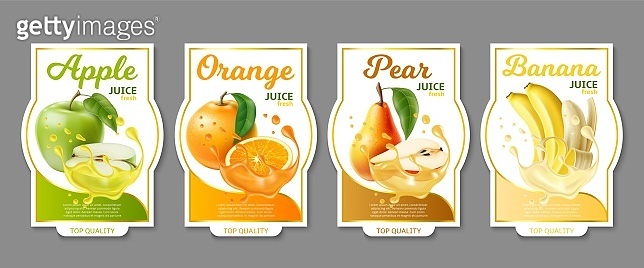 Realistic fruit labels. Different juices stickers. Fresh drinks brand ...