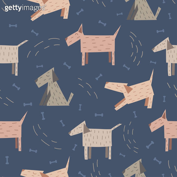 Seamless pattern of cute hand drawn dogs on blue background with bones ...