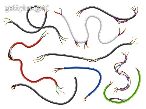 Damaged electrical cables. Realistic flexible broken wires. 3D cords ...