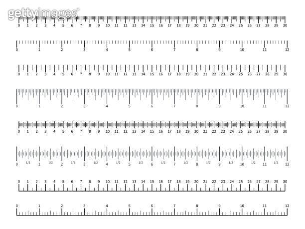 Ruler scales. Different measuring units. Rule divisions with numbers ...