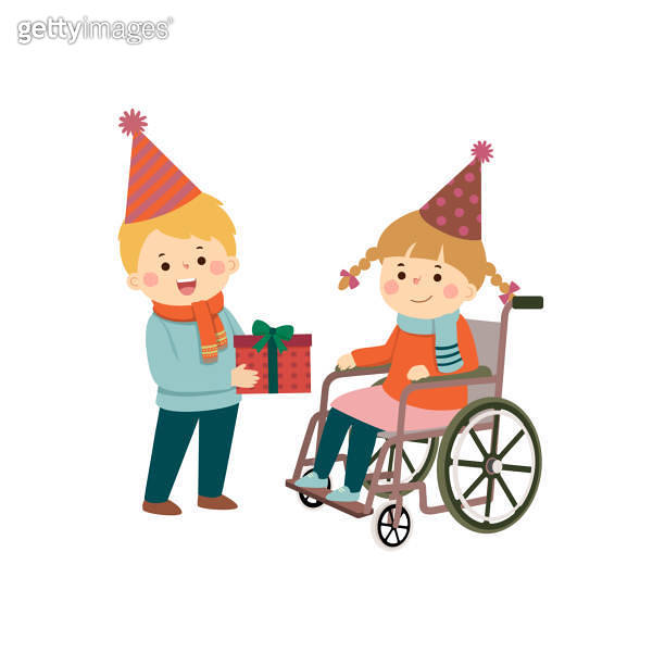Vector illustration of boy giving gift box to little disabled girl in a ...
