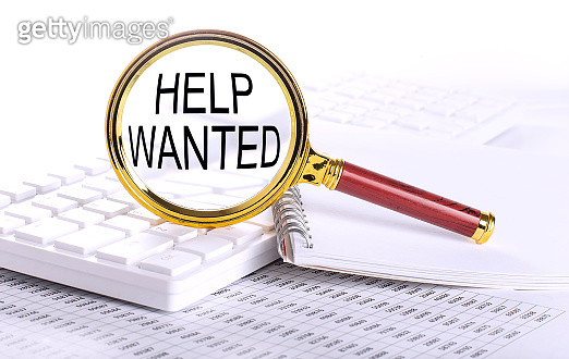 HELP WANTED word through magnifying glass on keyboard on the chart 이미지 ...