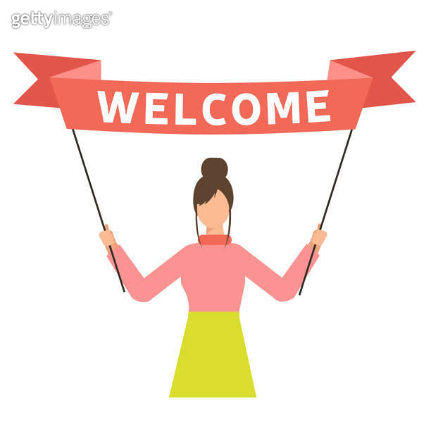 European woman with ribbon welcome. Girl hand up with welcome banner ...
