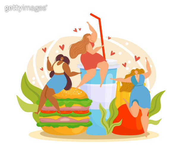 Fast food love, cartoon woman with meal vector illustration. Girl ...