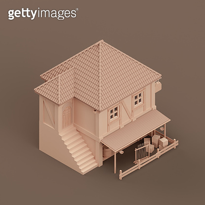 Isometric monochrome single detached house, miniature detached house ...
